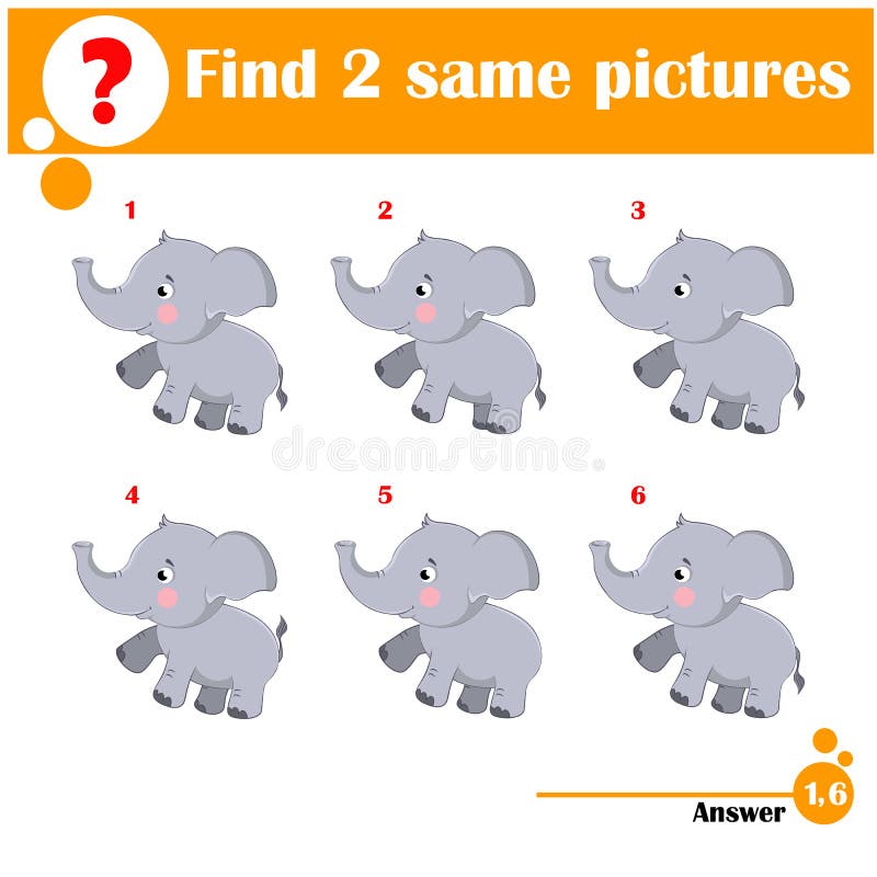 Children Educational Game. Find Two Same Pictures of Cute Elephant ...