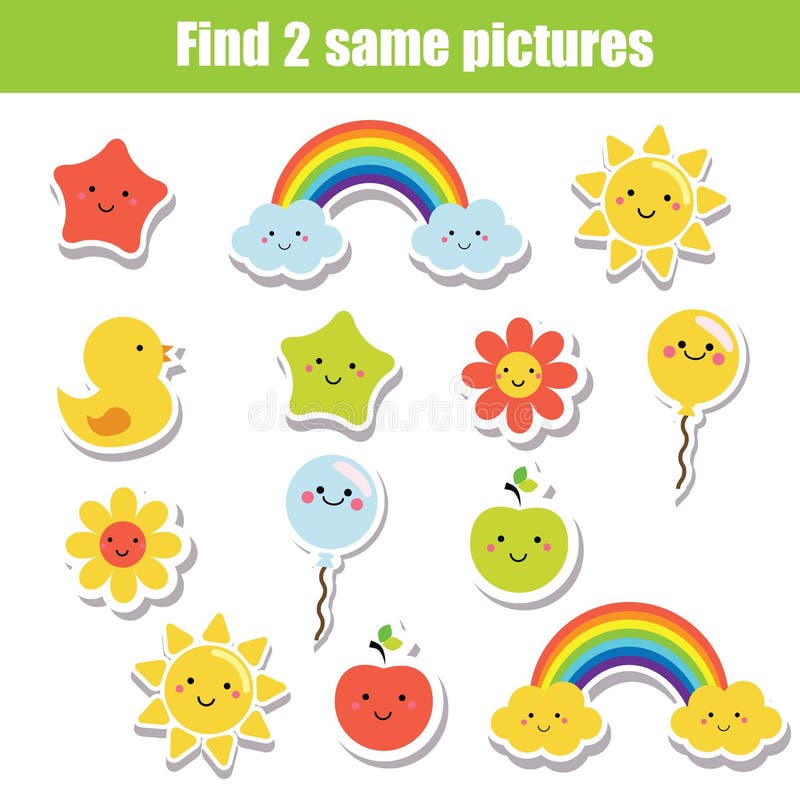 Children Educational Game. Find Two Same Pictures of Cute Objects Stock ...