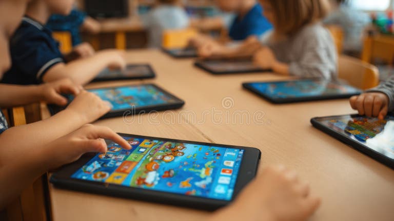 Children Engage with Interactive Tablets in a Modern Classroom Setting ...