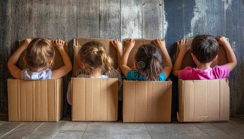 Children Engaged in Creative School Project Using Old Cardboard Boxes ...