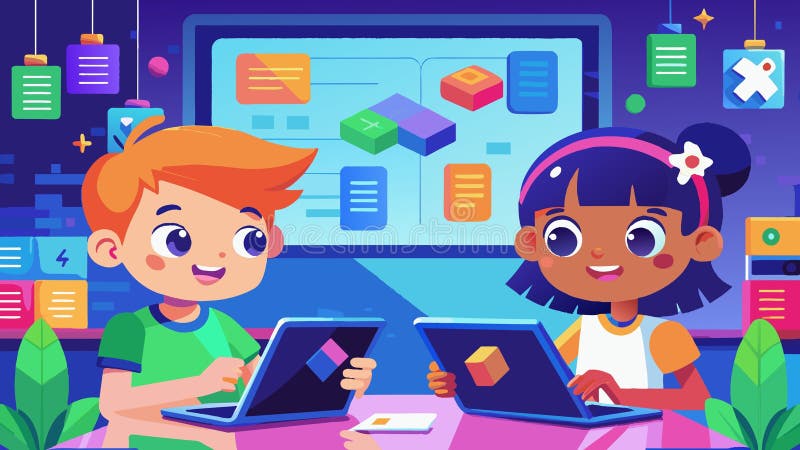 Children Engaged in Interactive Learning on Tablets at Night Stock ...