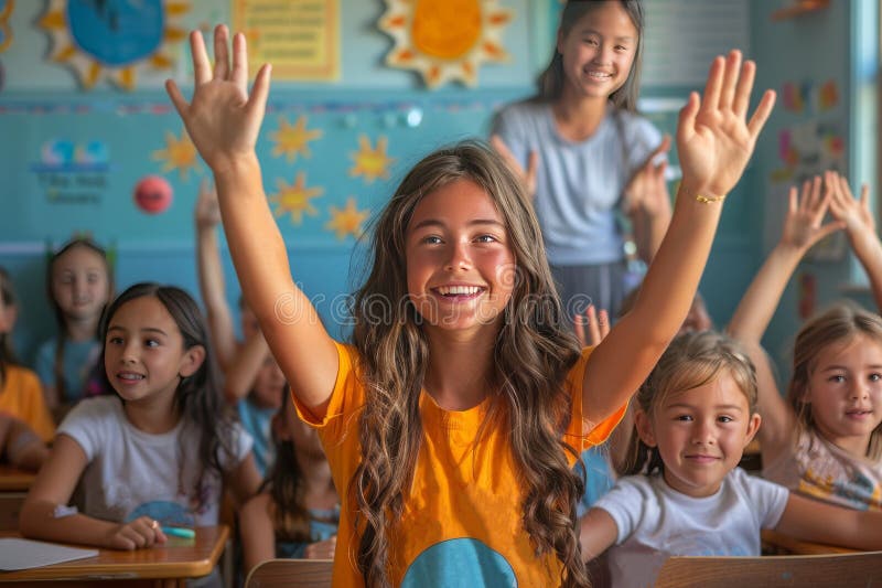 Children Engaged in Learning in an Elementary School Classroom, Raising ...