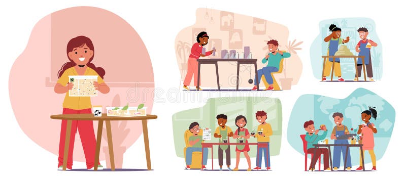 Children Engaged in Various School Projects Including Crafting, Science ...