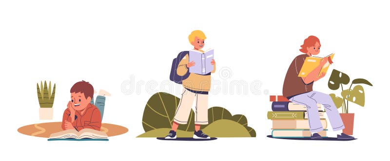 Children Engaging in Reading Activities in Different Settings. One ...