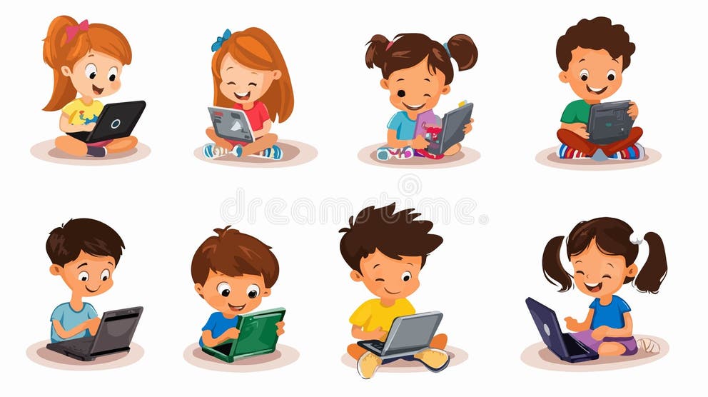 Children Engaging with Technology: Colorful Cartoon Vector Illustration ...