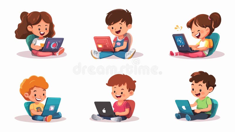 Children Engaging with Technology: Colorful Cartoon Vector Illustration ...