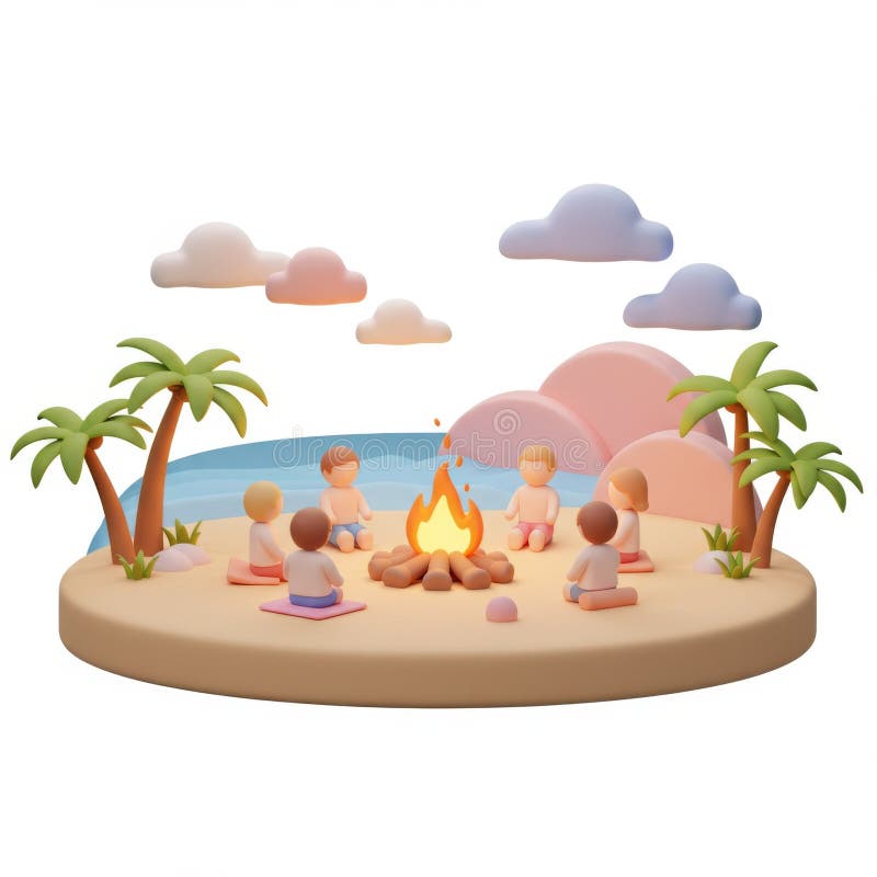 Children Enjoying a Bonfire on a Tropical Beach at Sunset Stock ...