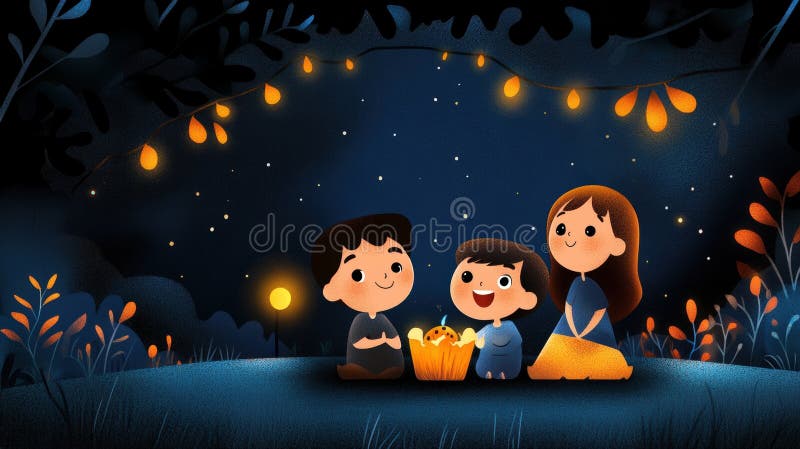 Children Enjoying a Night Under the Stars Stock Illustration ...
