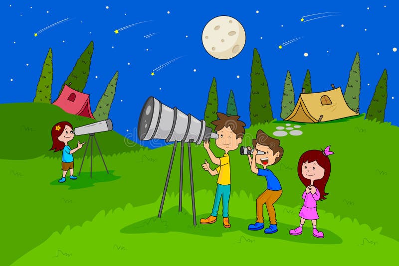 Children Enjoying Summer Camp Star Gazing Activities Stock Vector ...