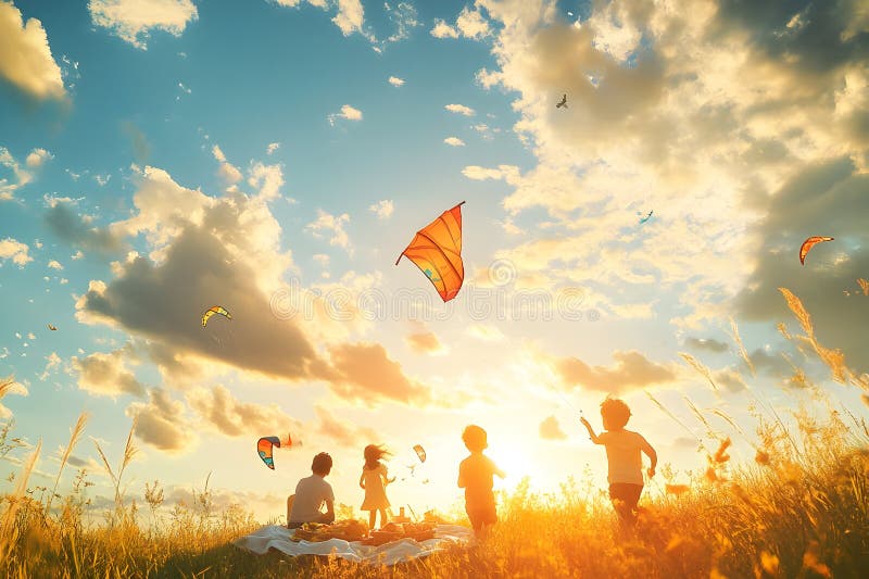 Children Enjoying a Sunset Picnic and Kite Flying in a Field Stock ...