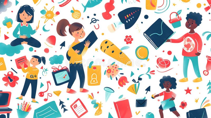 Children Explore Colorful Educational Resources, Books, Tablets, and ...