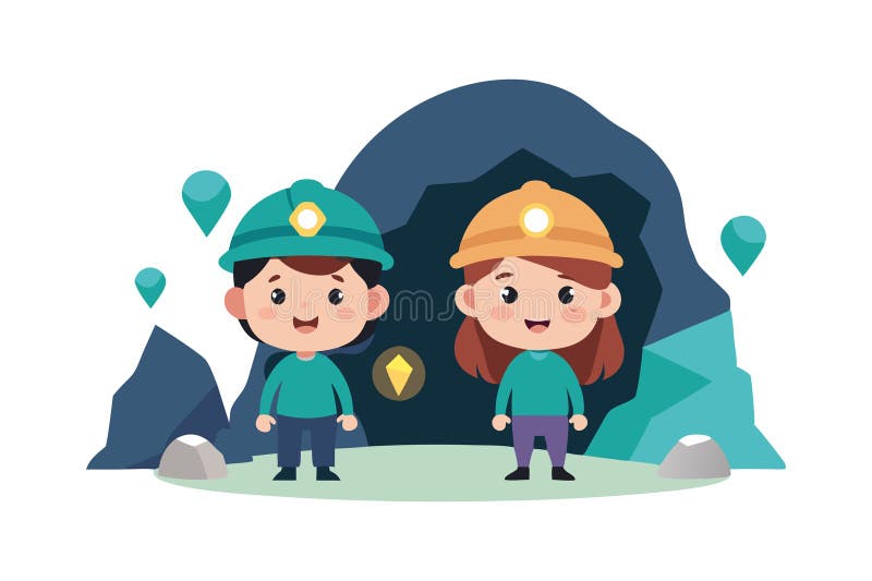 Children Exploring a Cave with Helmets Stock Vector - Illustration of ...