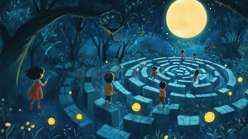 Children Exploring Maze Under Full Moonlight, Surrounded by Nature, Glowing Coins Stock Photo ...