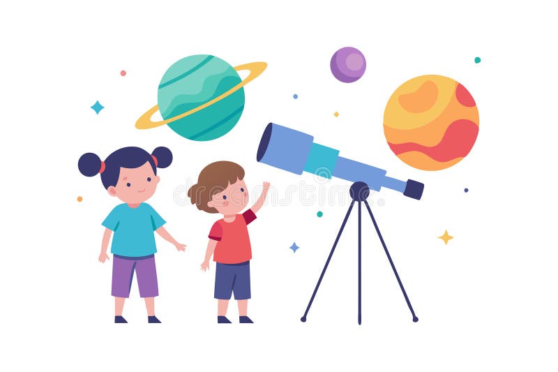 Children Exploring Planets and Stars with Telescope Stock Vector ...