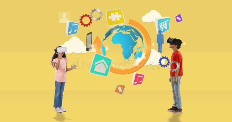 Children Exploring Virtual World Using VR Headsets, Surrounded by ...