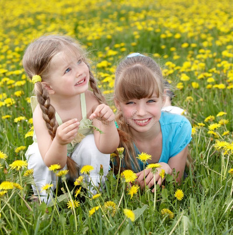 Children In Field With Flower. Stock Image - Image of beauty, outdoor ...