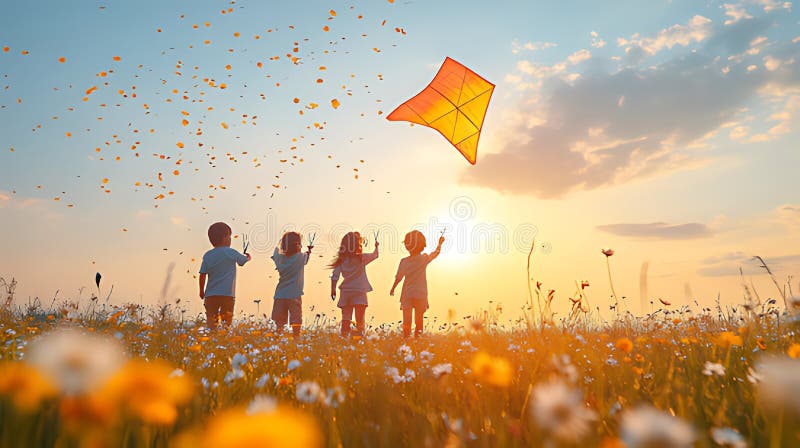 Children Fly Kite Sunset Field Flowers Joy Stock Illustration ...