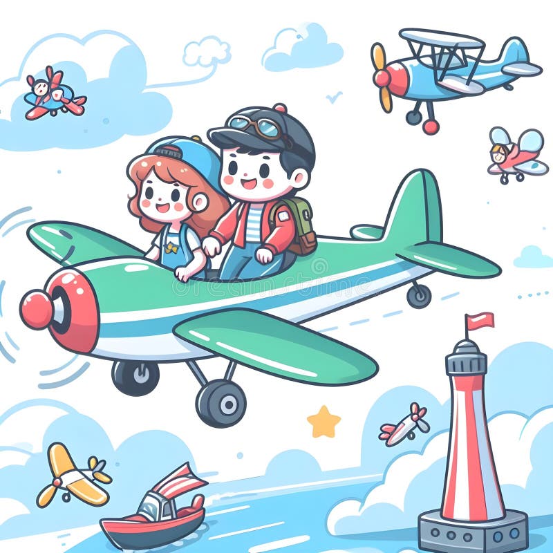 Children Fly by Single-motor Plane Stock Illustration - Illustration of ...