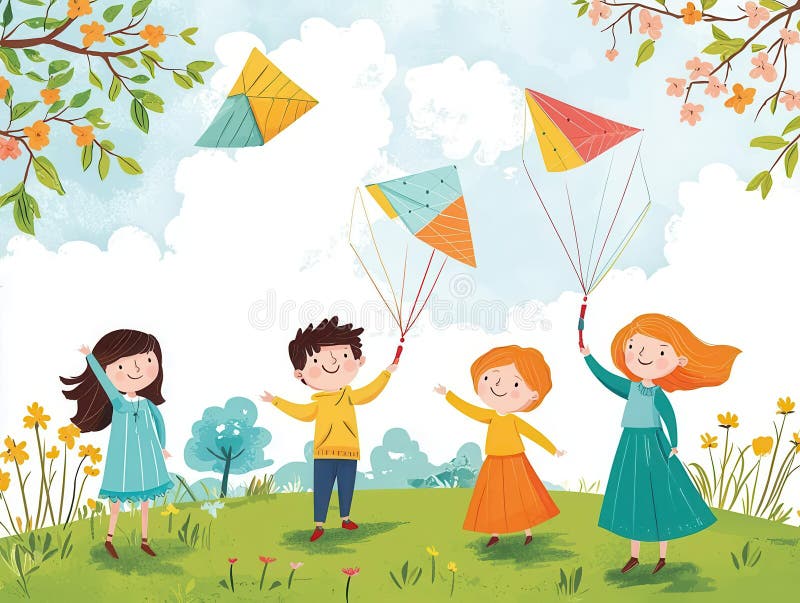 Children Flying Kites in a Field, Colorful Springtime Setting, Flat ...