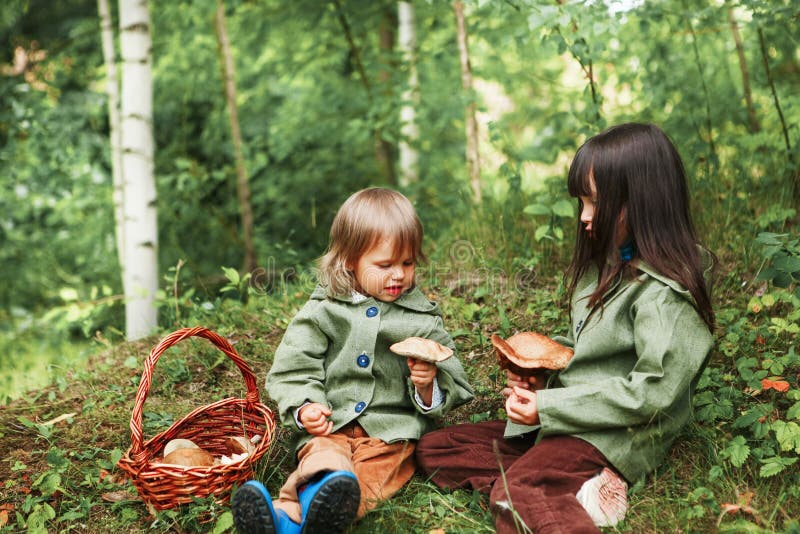 Children in forest. stock photo. Image of resting, picking - 74859038