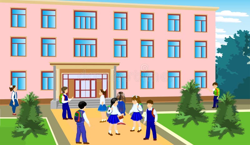 Children in Front of School. Children Go To School Illustration Stock ...