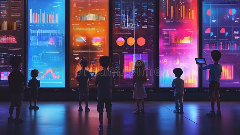 Children in a Futuristic Room with Large Screens Displaying Data Stock ...