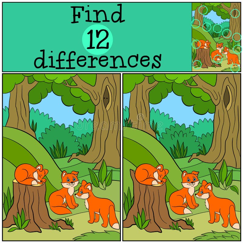 Children Games: Find Differences. Little Cute Baby Foxes. Stock Vector ...