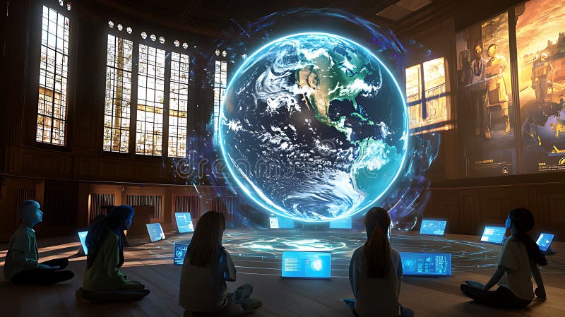 Children Gather Around a Holographic Globe, Representing Global ...