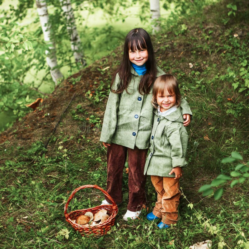 Children in forest. stock photo. Image of basket, smiling - 74858582