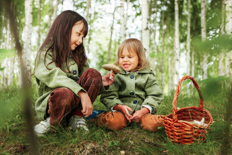 Children in forest. stock image. Image of picking, happy - 74858655