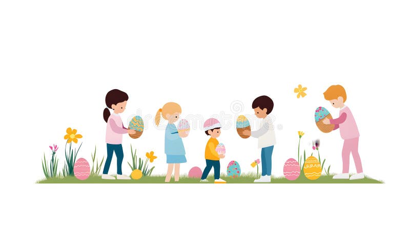 Children Gathering Easter Eggs in Colorful Spring Setting, Joyful and ...