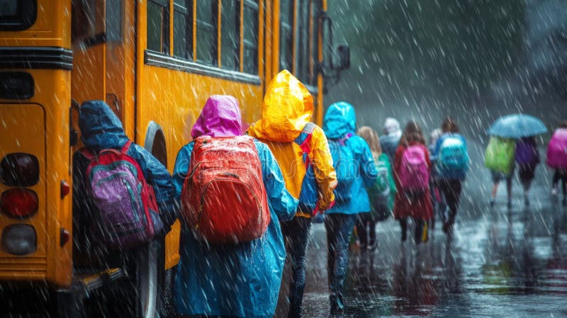 Children Getting Off a School Bus in the Rain Stock Illustration ...