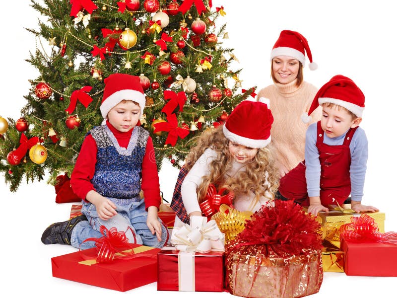 Children with Gift Box Near Christmas Tree. Stock Image - Image of ...