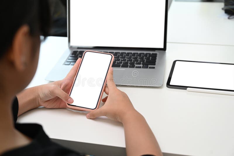 Children Girl Using Smart Phone during Studying Online with Computer ...