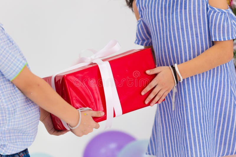 Children Giving Present Gift Box Together Stock Photo - Image of ...