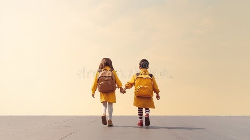 Children Go Hand in Hand with School Backpacks and a Knapsack. Walk To ...