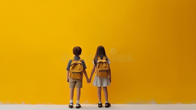 Children Go Hand in Hand with School Backpacks and a Knapsack. Walk To ...