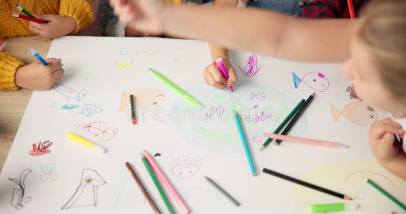 Children, Group and Hands Drawing for Creative Project or School ...