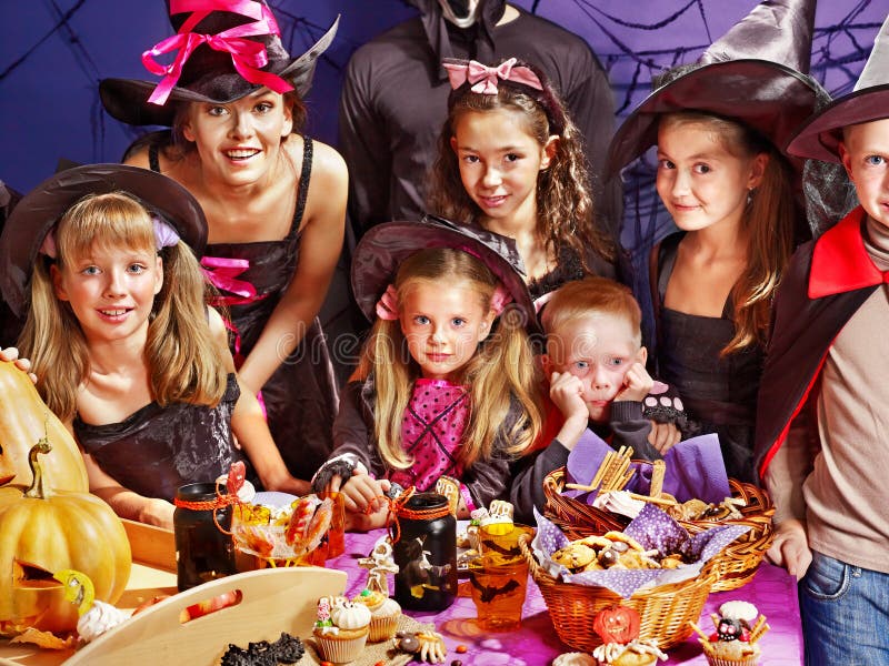 Children on Halloween Party Making Pumpkin Stock Photo - Image of ...
