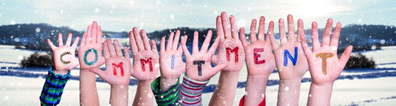 Children Hands Building Word Commitment, Snowy Winter Background Stock ...