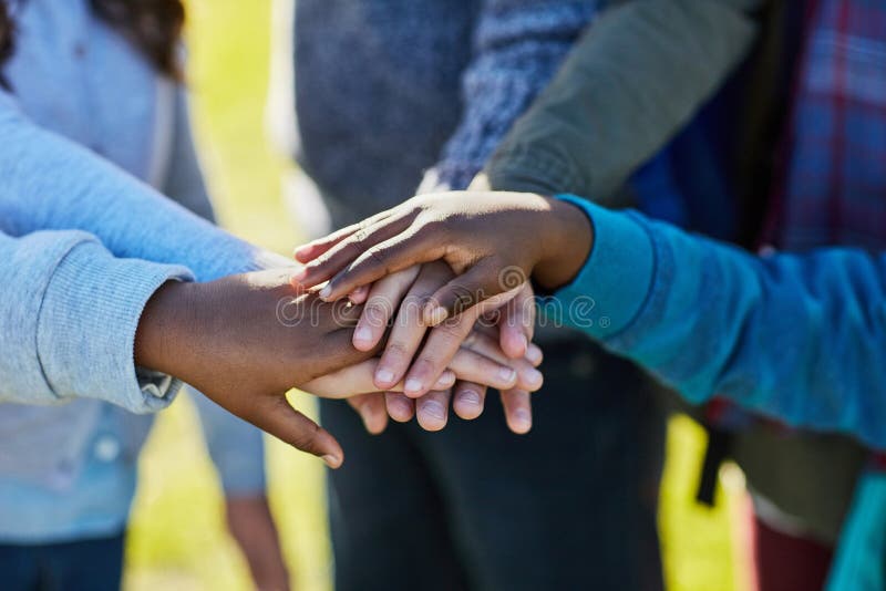 Children, Hands and Outdoor Stack at School, Students and Motivation ...