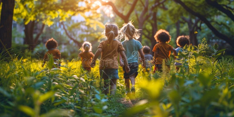 Children Happily Exploring Forest, Holding Hands, Enjoying Sunlight ...