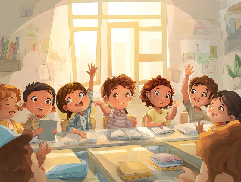 Children Happily Raise Their Hands in a Bright Classroom, Eager To ...