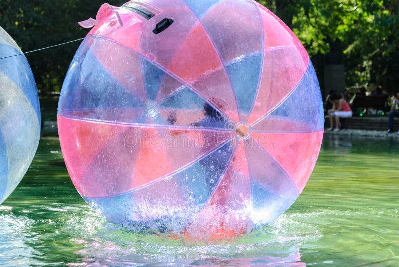 Children Have Fun Inside Plastic Balloons on the Water. Stock Image ...