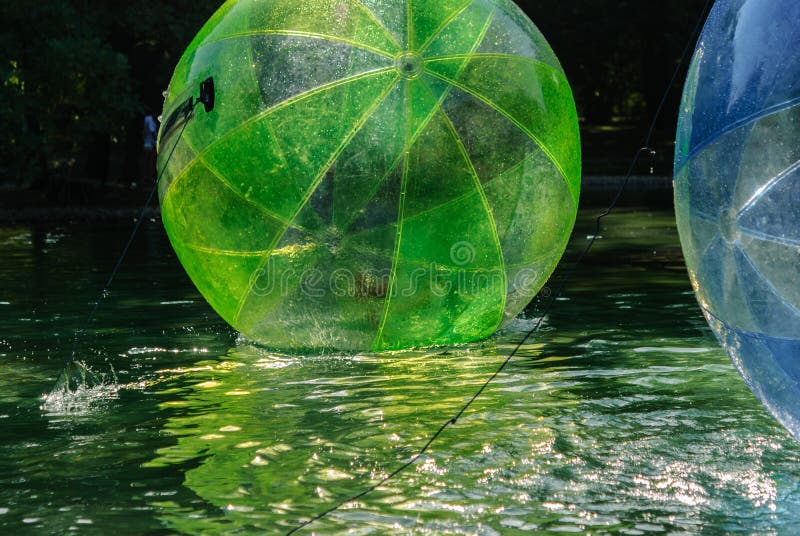 Children Have Fun Inside Plastic Balloons on the Water. Stock Photo ...