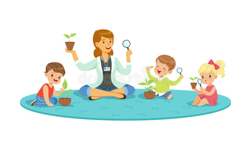 Children Having Botany Lesson. Teacher Demonstrating Plant Vector ...