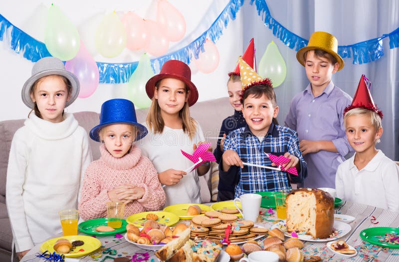 Children Having Celebration of Friendâ€™s Birthday during Dinner Stock ...