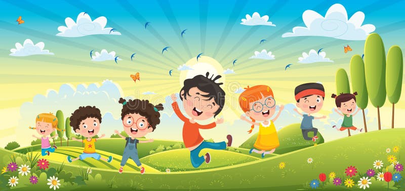 Children Having Fun at Spring Landscape Stock Vector - Illustration of ...
