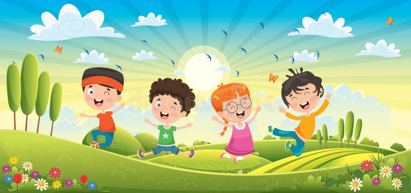 Children Having Fun at Spring Landscape Stock Vector - Illustration of ...