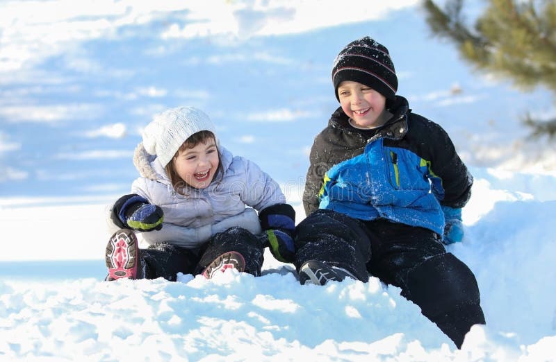 Children in Snow during Winter Stock Photo - Image of child, light ...